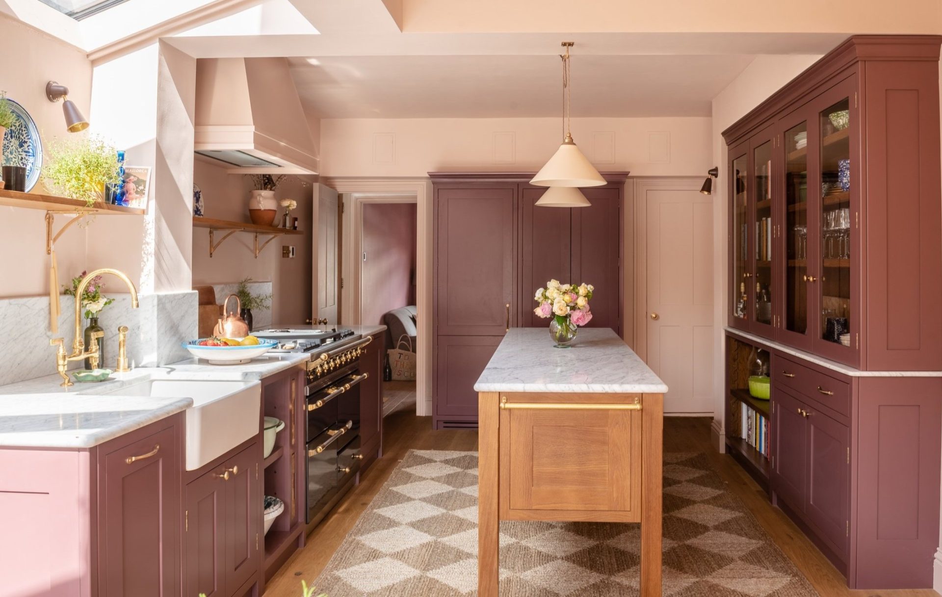 Timeless kitchen with pink cabinets and marble worktop - Emily May Designs